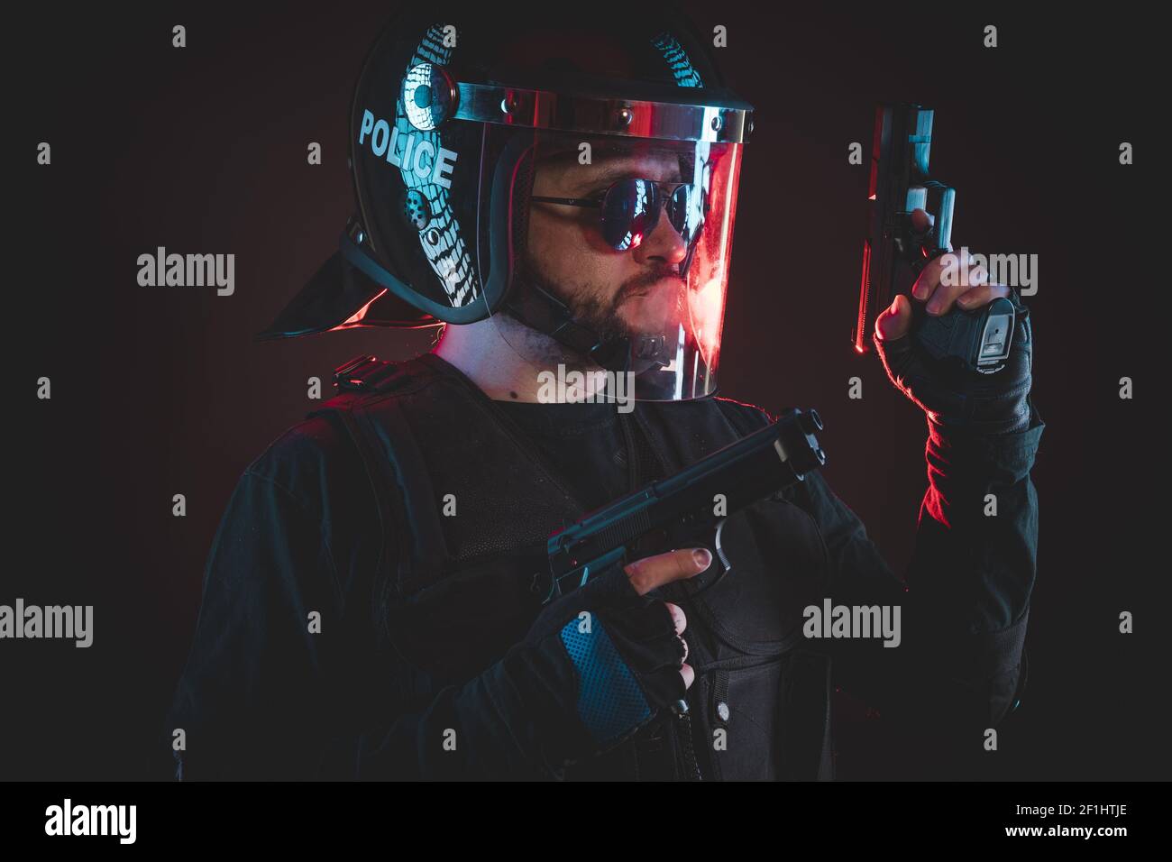 Special riot police with red hazard lights. armed man with helmet and ...