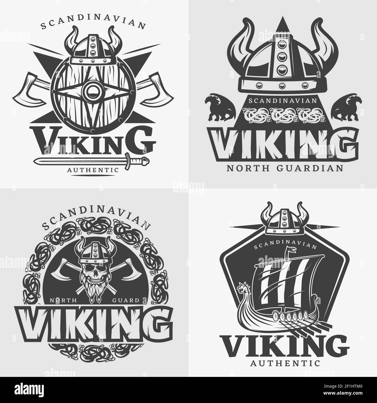 Four square viking design emblem set with Scandinavian Viking north ...
