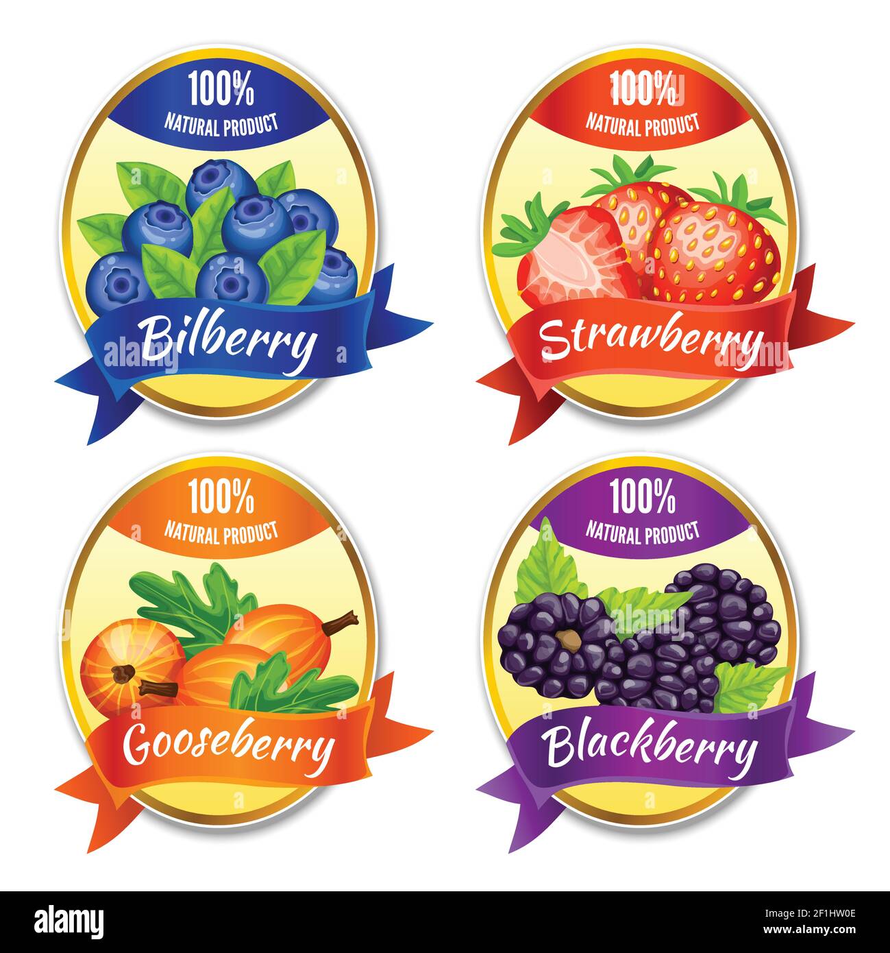 Cartoon colorful berries labels set with bilberry strawberry gooseberry ...