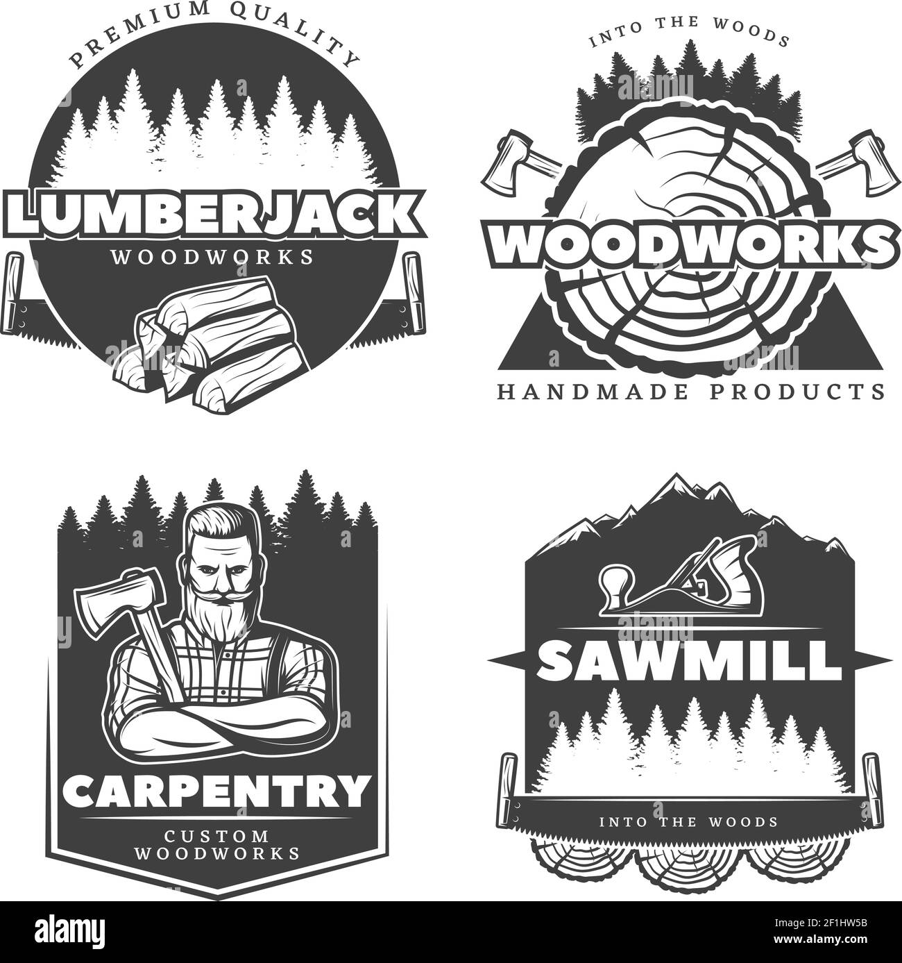 Lumberjack design elements set with four isolated sawmill labels with ...