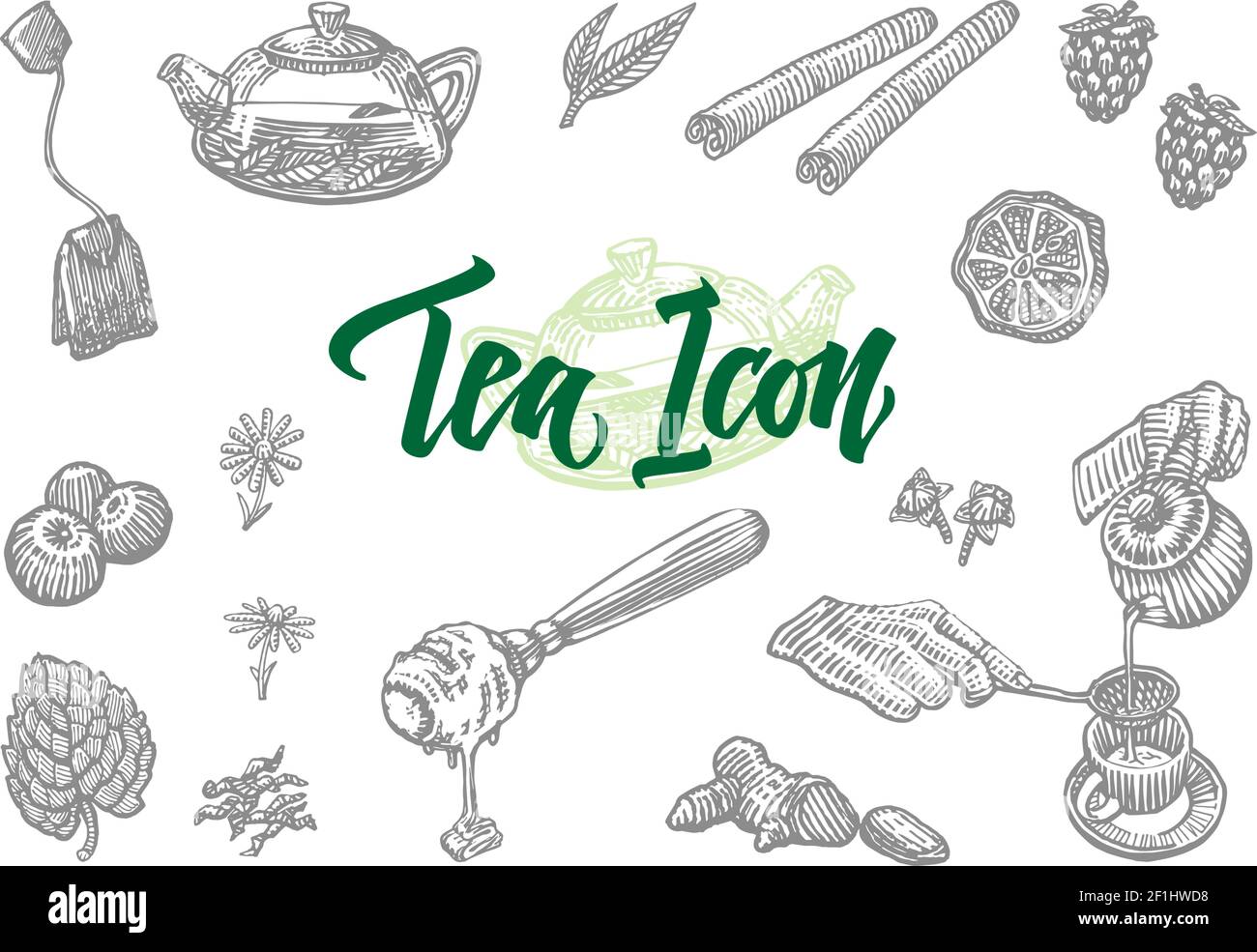 Sketch tea icons set with natural herbal fruit berry ingredients and ...