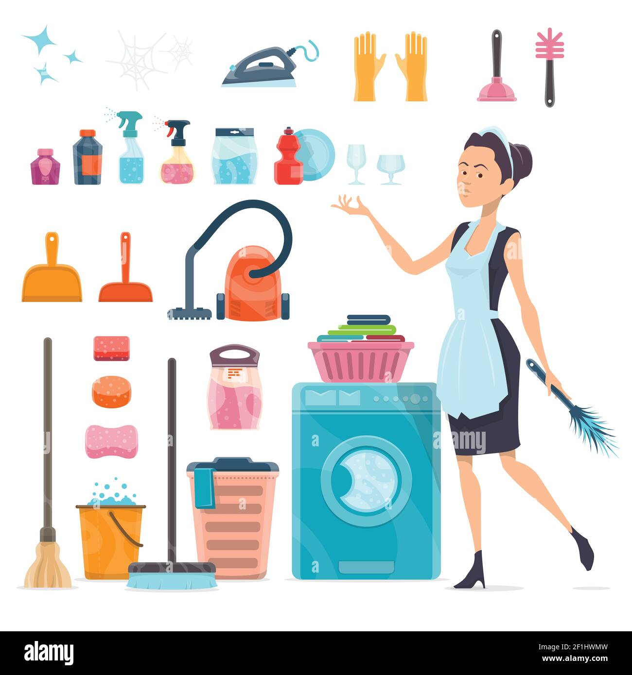 Cleaning elements collection with maid household supplies equipment and ...