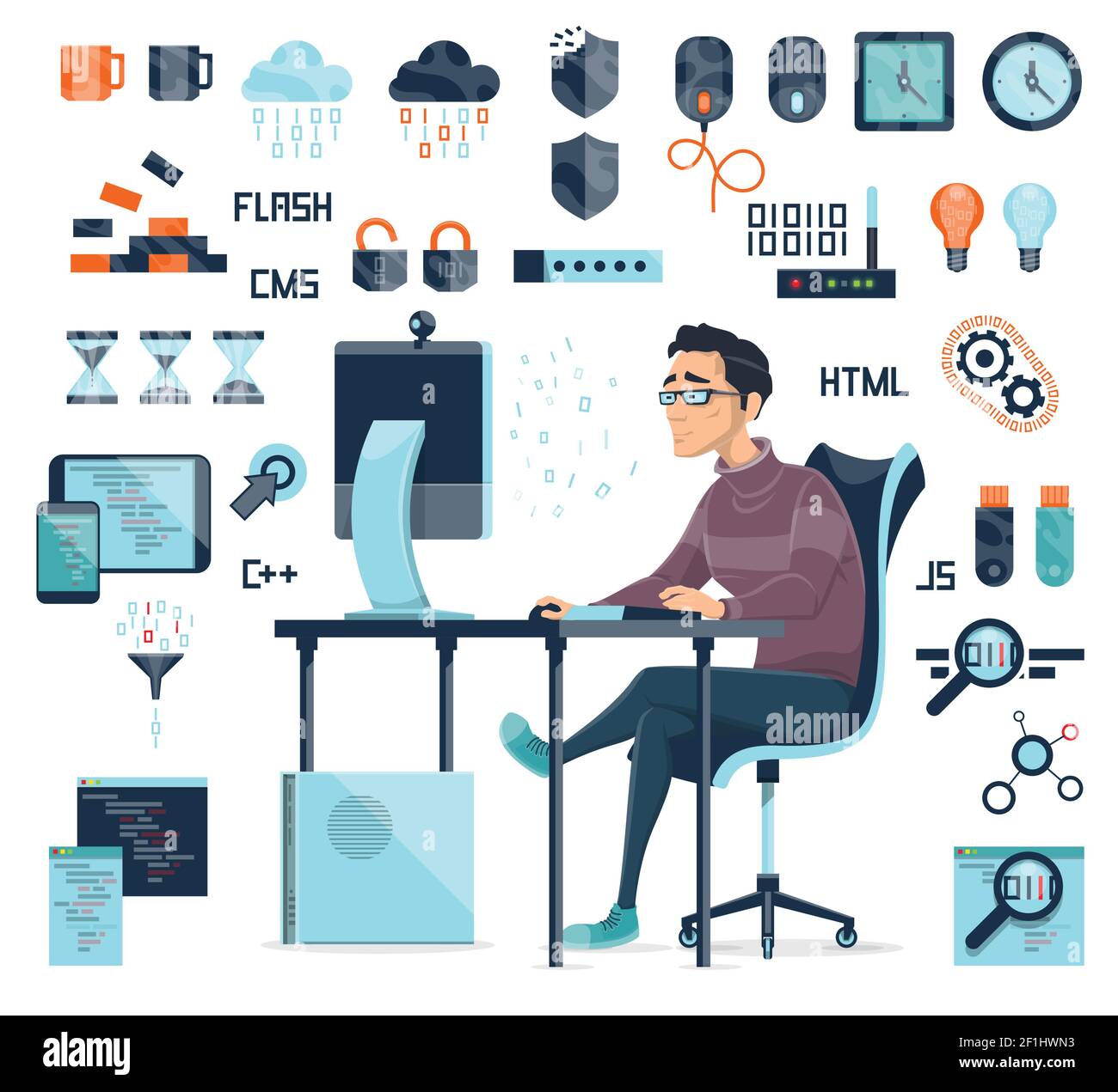 Computer coding icons set with working programmer professional devices ...