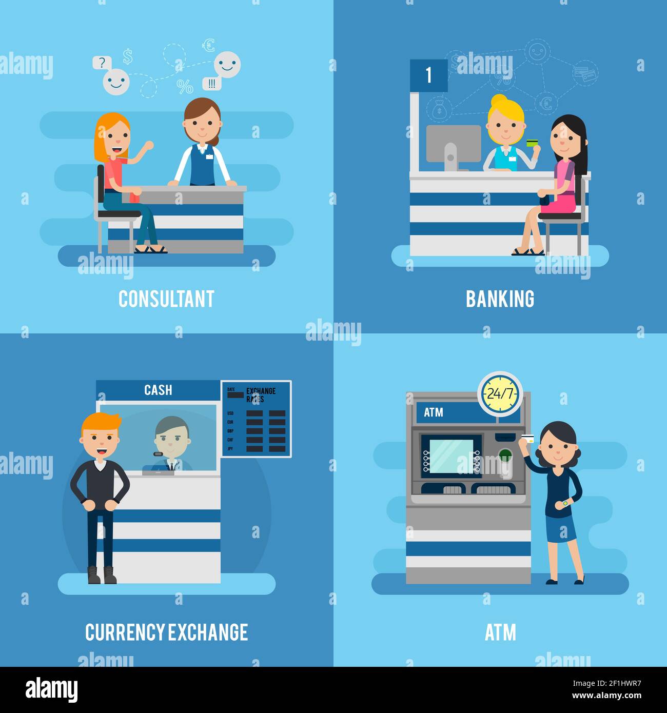 Bank service flat concept with customers and personnel in different ...