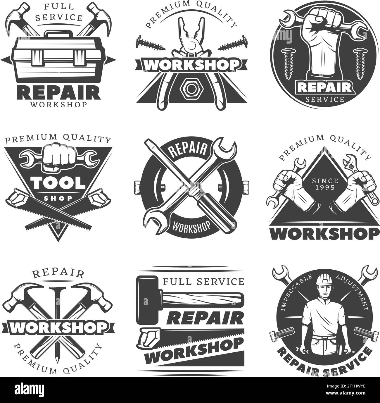Vintage repair workshop label set with premium quality workshop repair ...