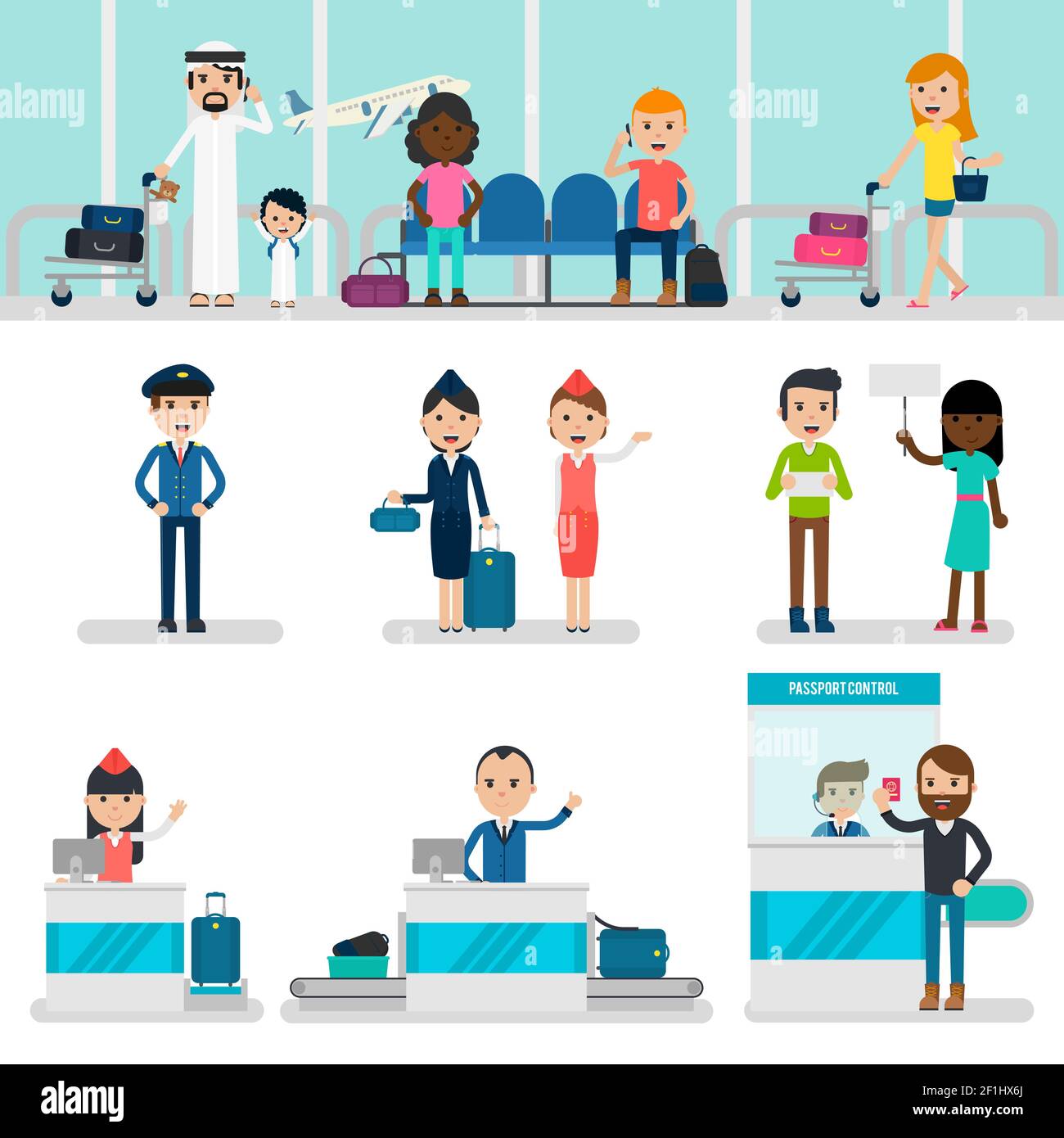 People in airport set with passengers pilot stewardesses tourists and ...