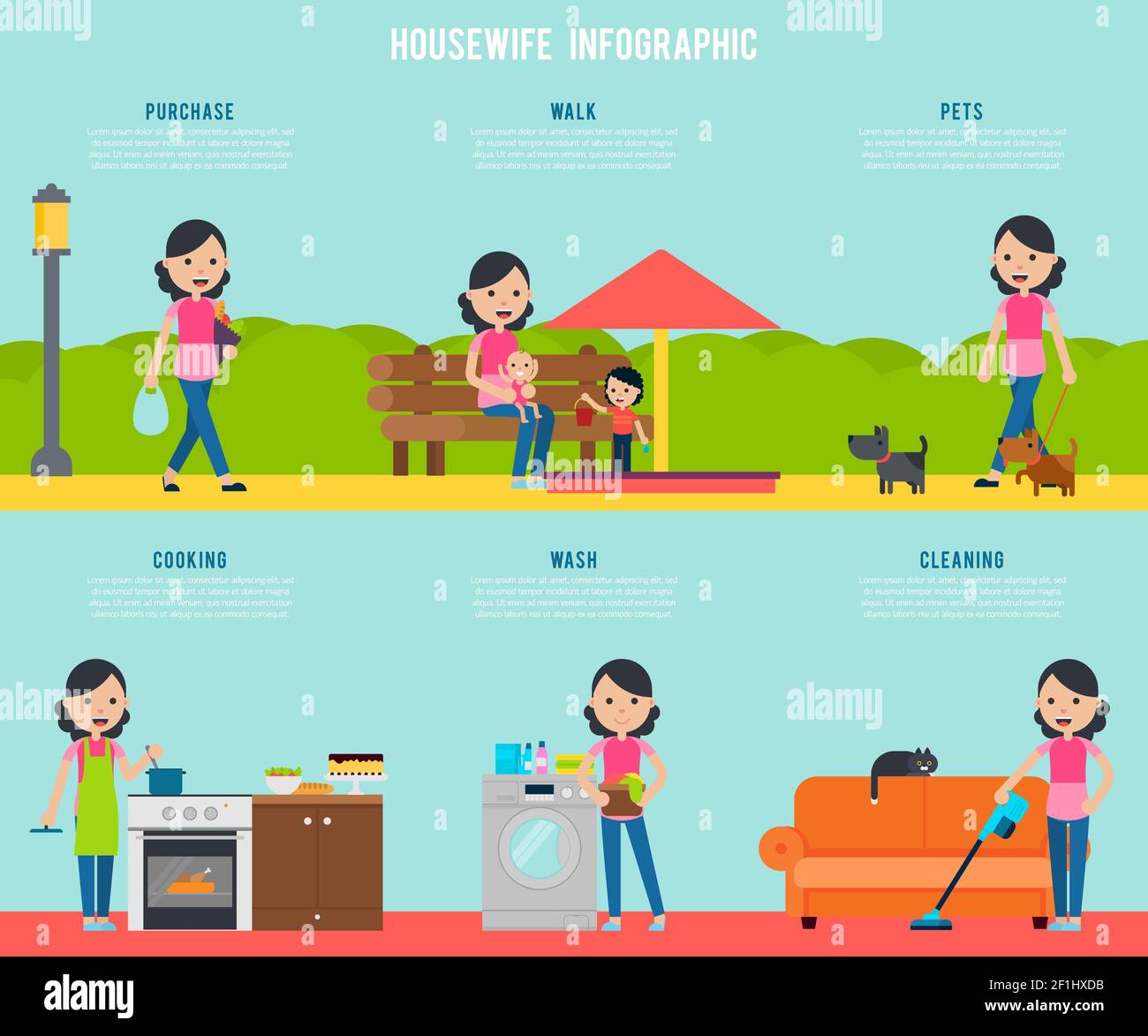 Housekeeping infographic concept with housewife and different kinds of ...