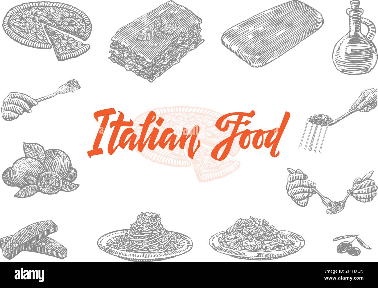 Hand drawn italian food icons set with traditional dishes and meals of ...