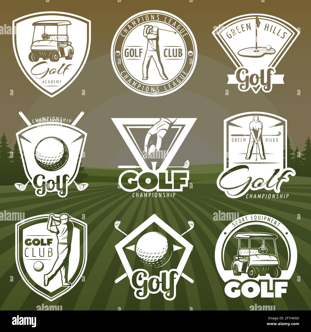 Vintage golf club logos with cart player and ball on green lawn ...