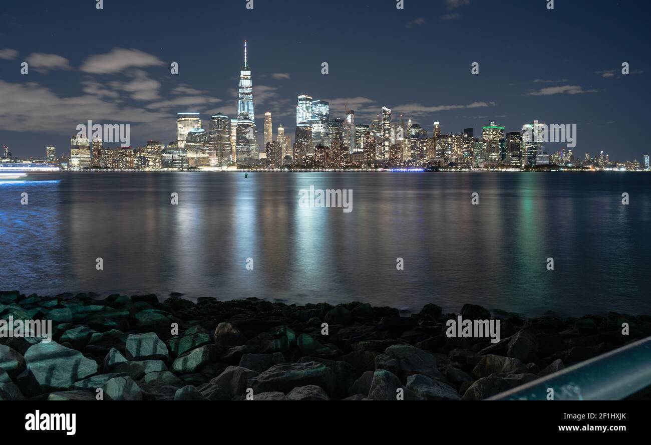 Downtown Manhattan Urban City Skyline Night View Hudson River Stock ...