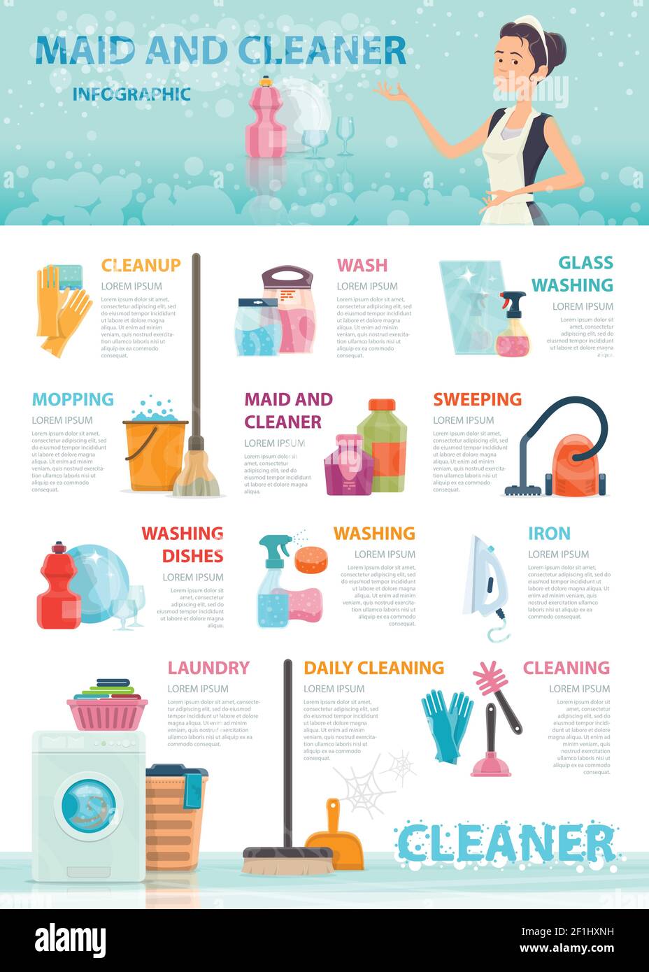 Cleaning infographic concept with household supplies domestic tools and ...