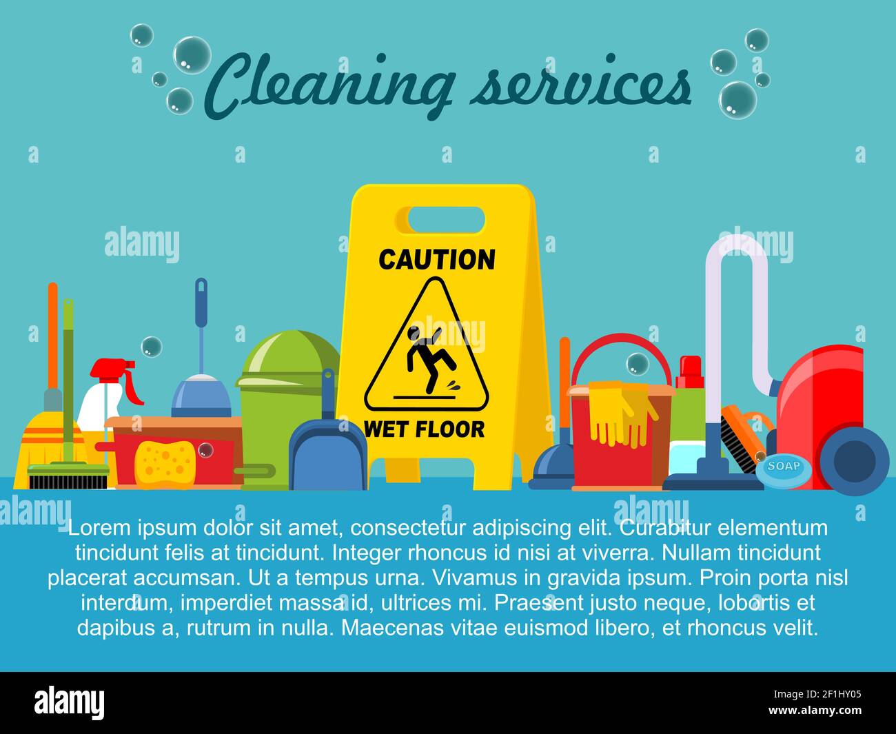 Flat cleaning service template with household equipment tools and wet ...