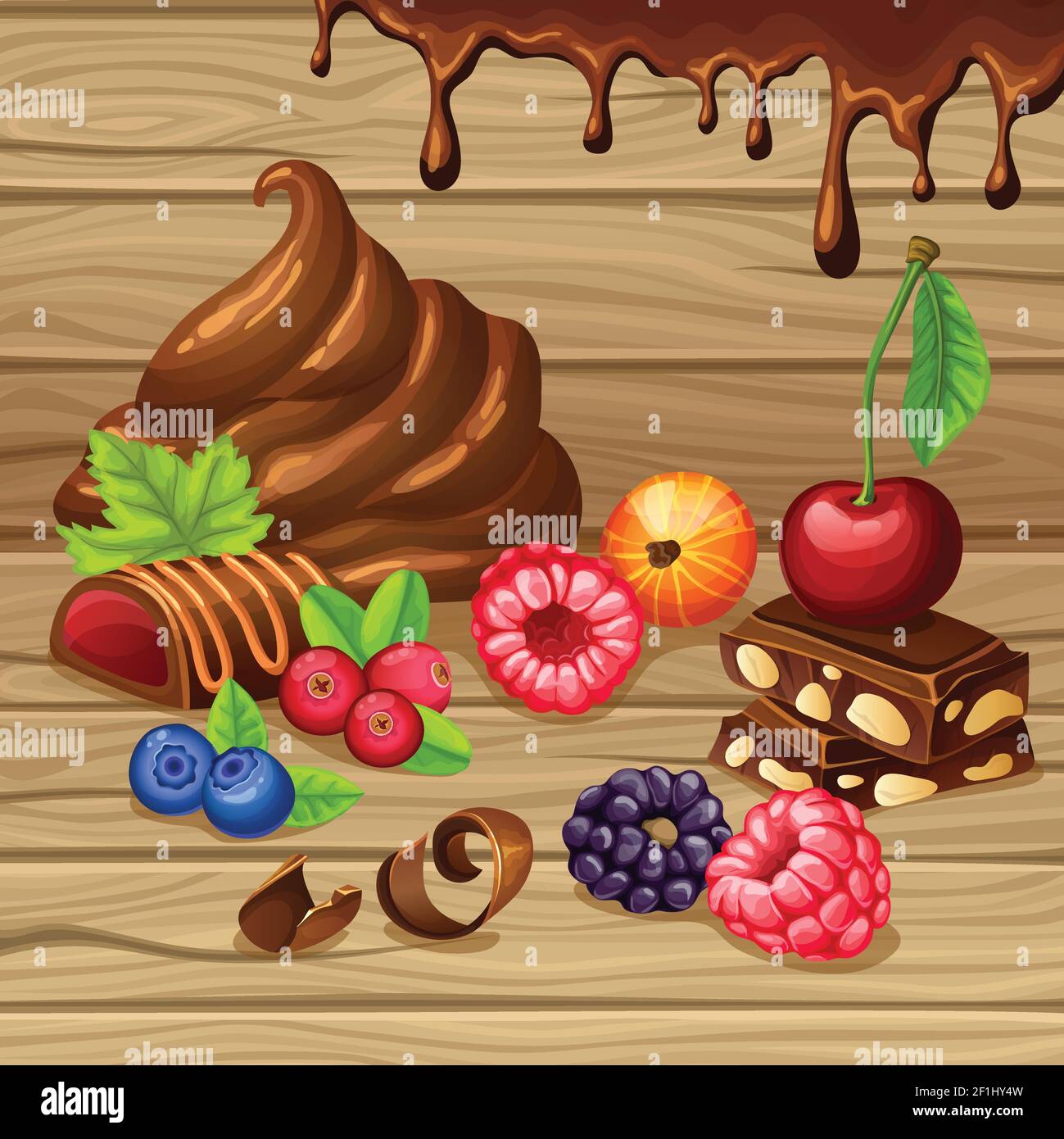 Cartoon sweet products set with chocolate pieces candies drops whipped ...