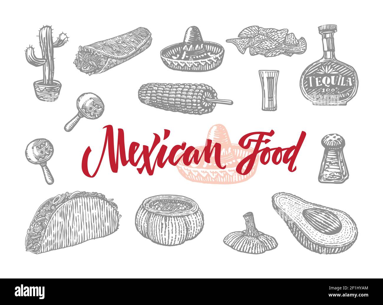 Mexican food engraved set of different meals and elements of national ...