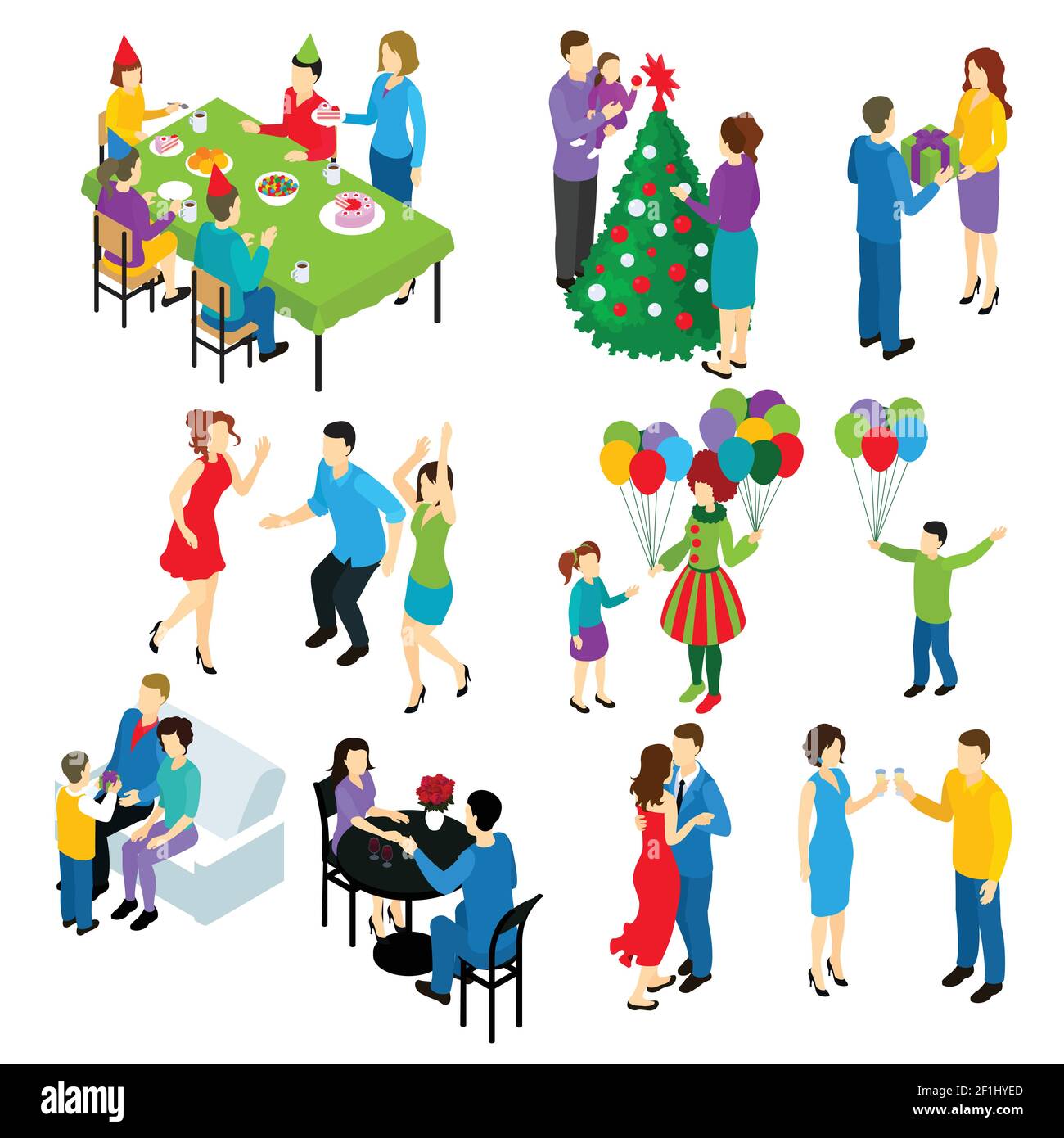 Isometric set of isolated people characters celebrating holidays with ...
