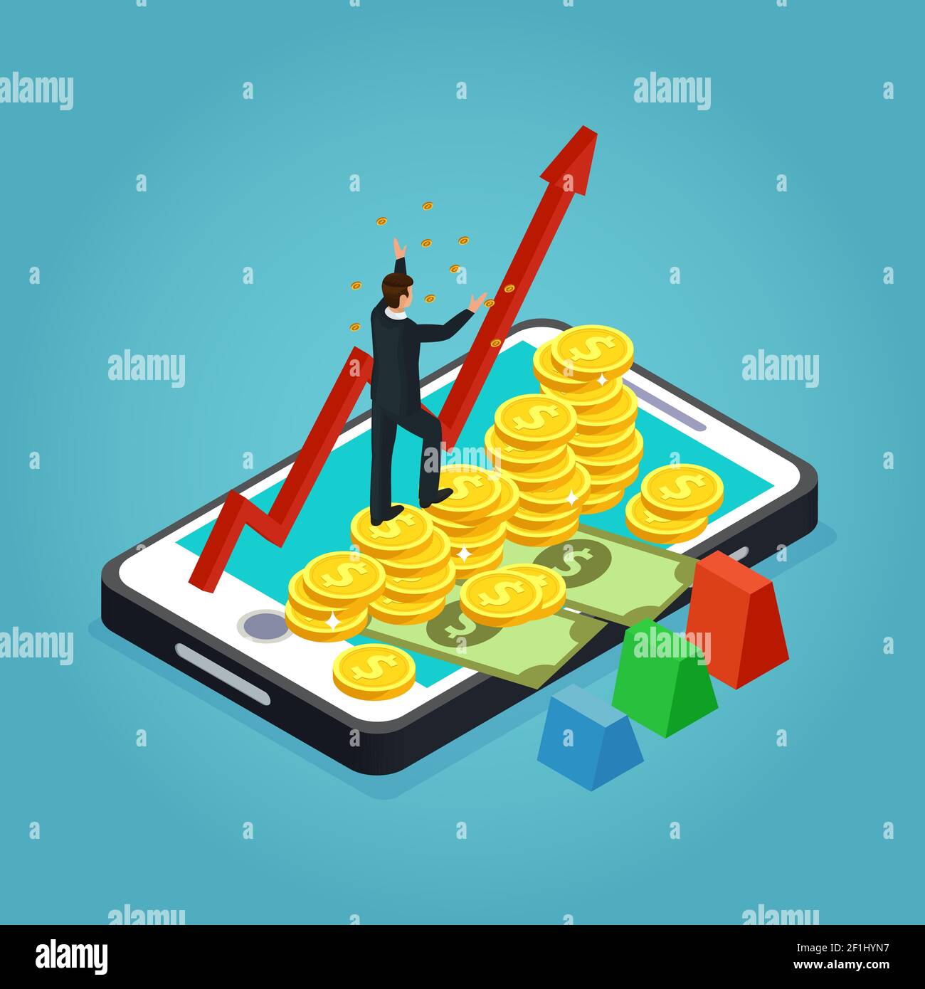 Isometric financial development and management concept with businessman ...