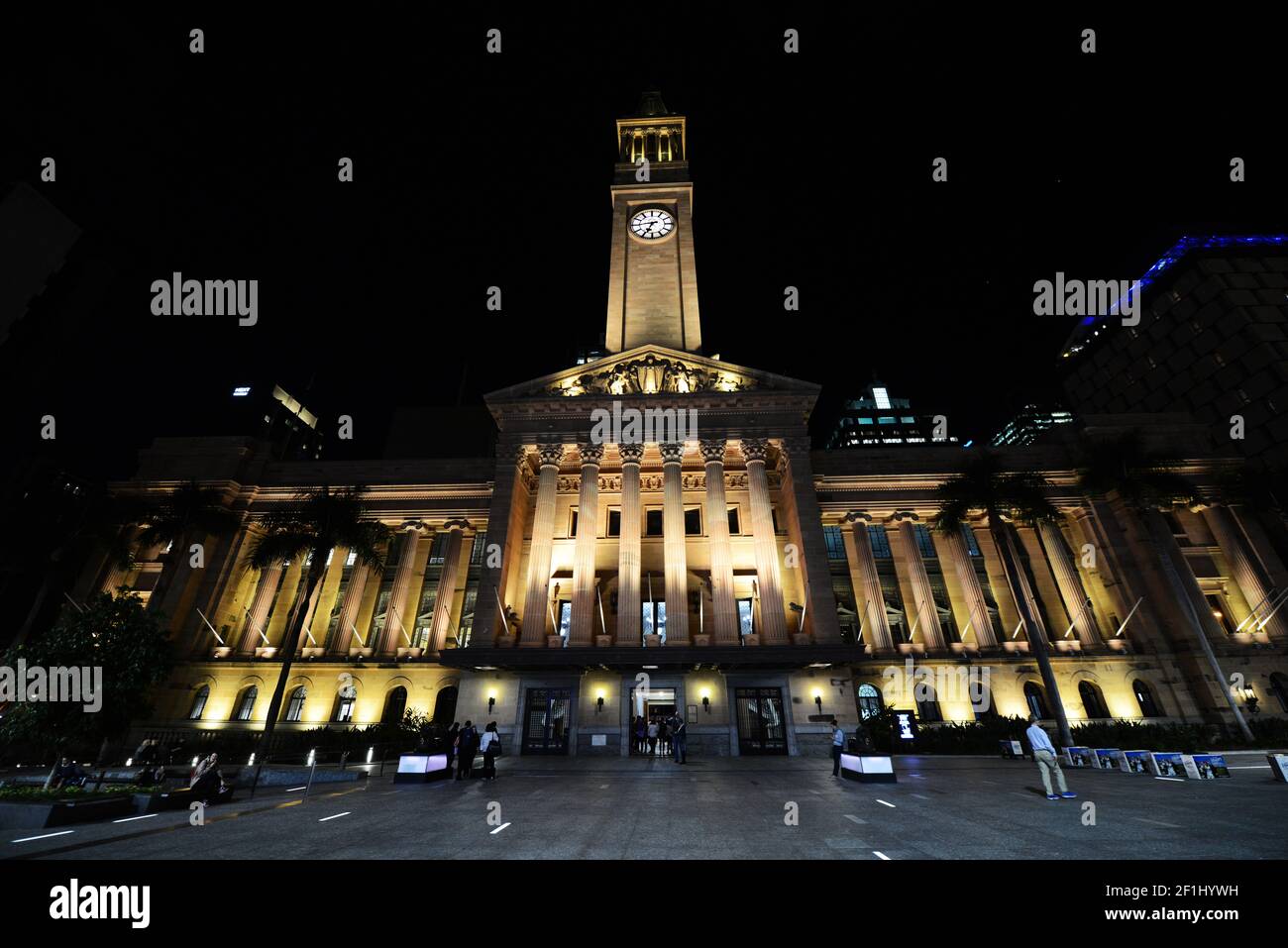 City Hall and Clock Tower at night in Brisbane, Australia Stock Photo ...