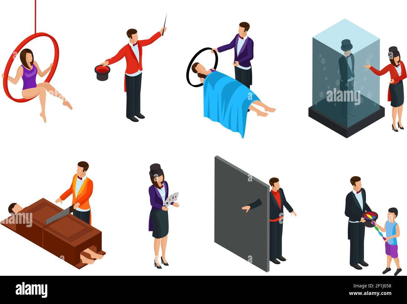 Isometric magic performance elements set with magicians showing ...