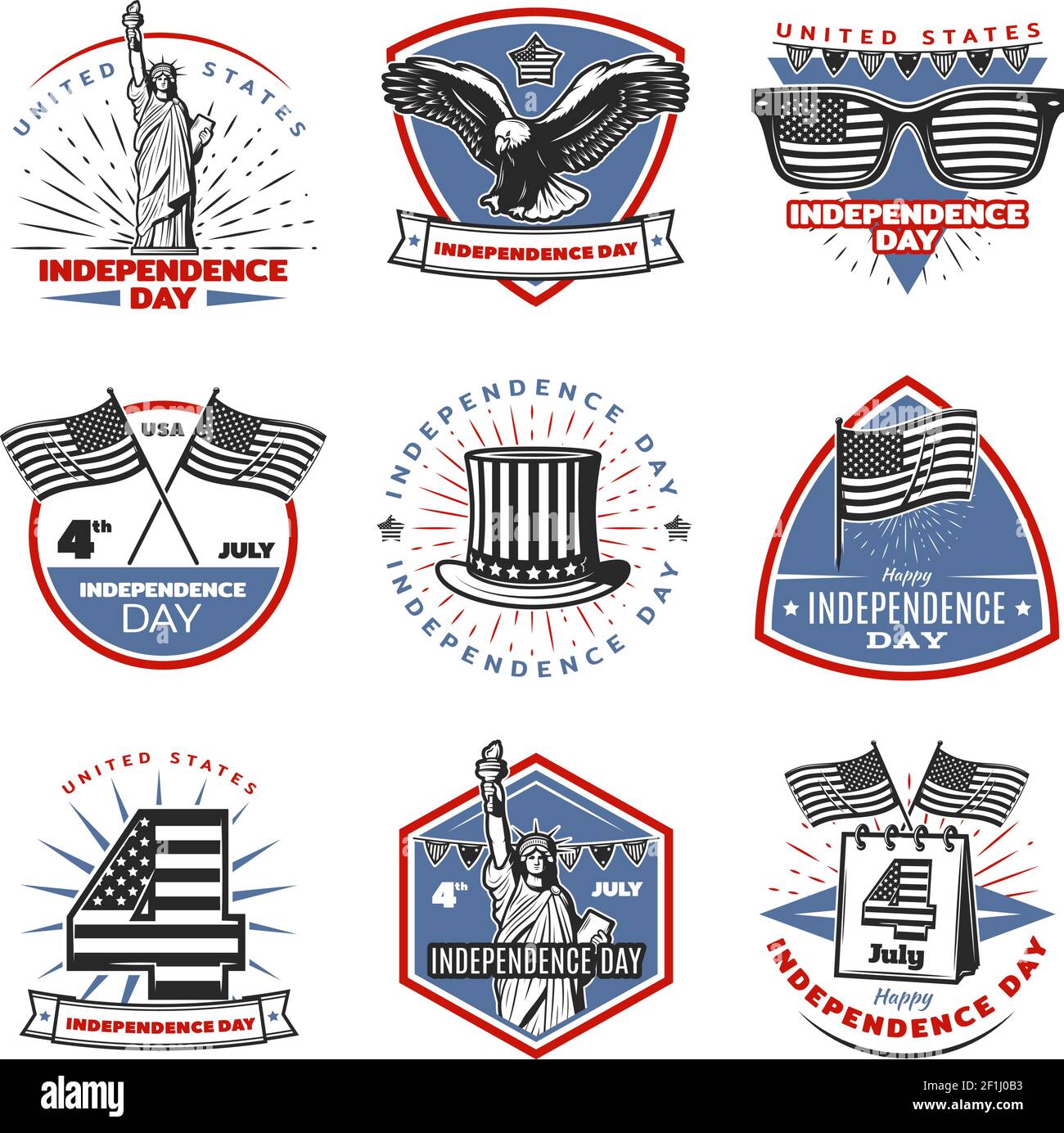 Colored vintage Independence Day emblems set with american traditional ...