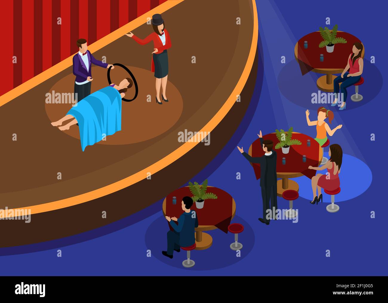 Isometric magic performance template with magicians showing illusion of ...