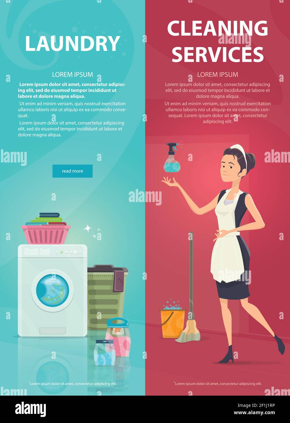 Housekeeping vertical banners with maid washing machine and different ...