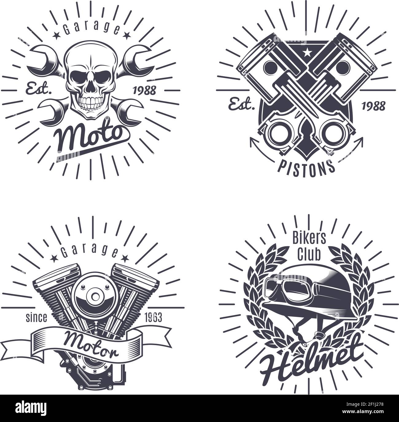 Vintage monochrome motorcycle emblems set with inscriptions skull ...