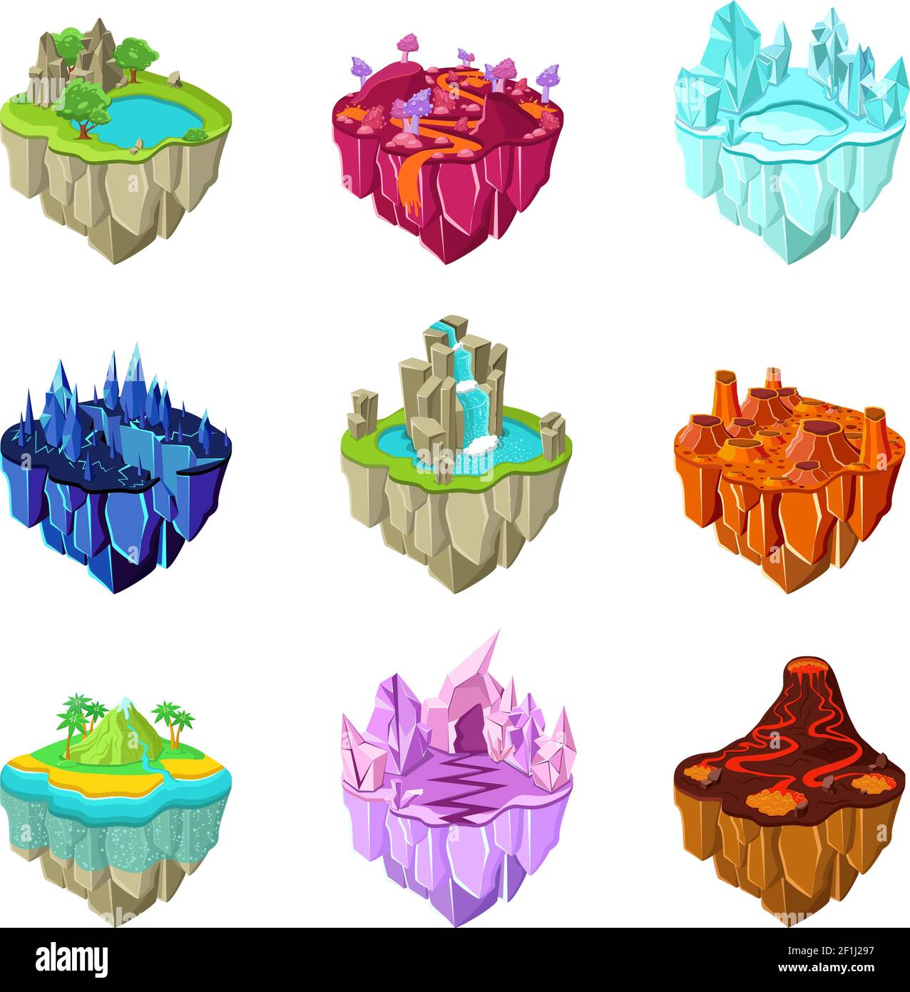 Isometric game islands set with lake fantastic forest ice crystal ...