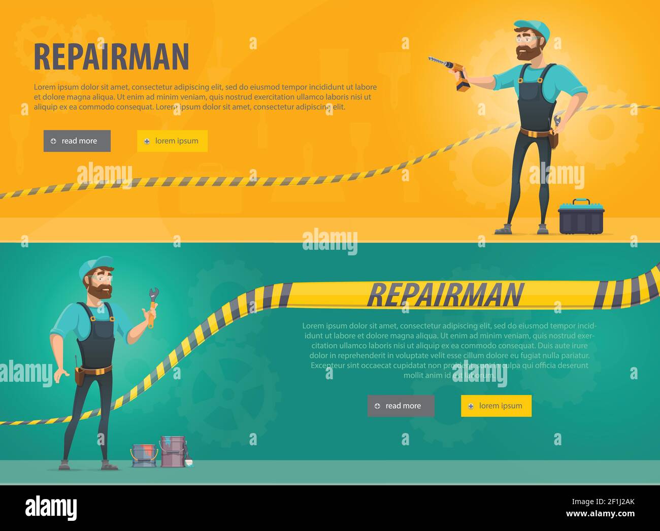 Colorful repair horizontal banners with foreman text tools on orange ...
