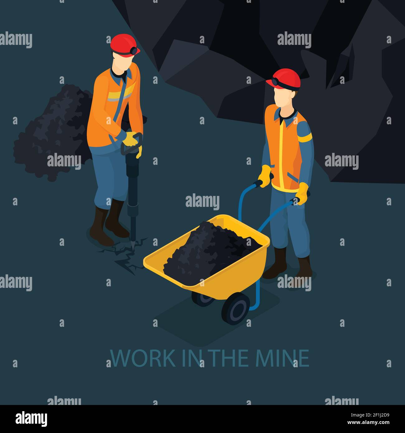 Isometric mine industry concept with miner holding drill and worker ...