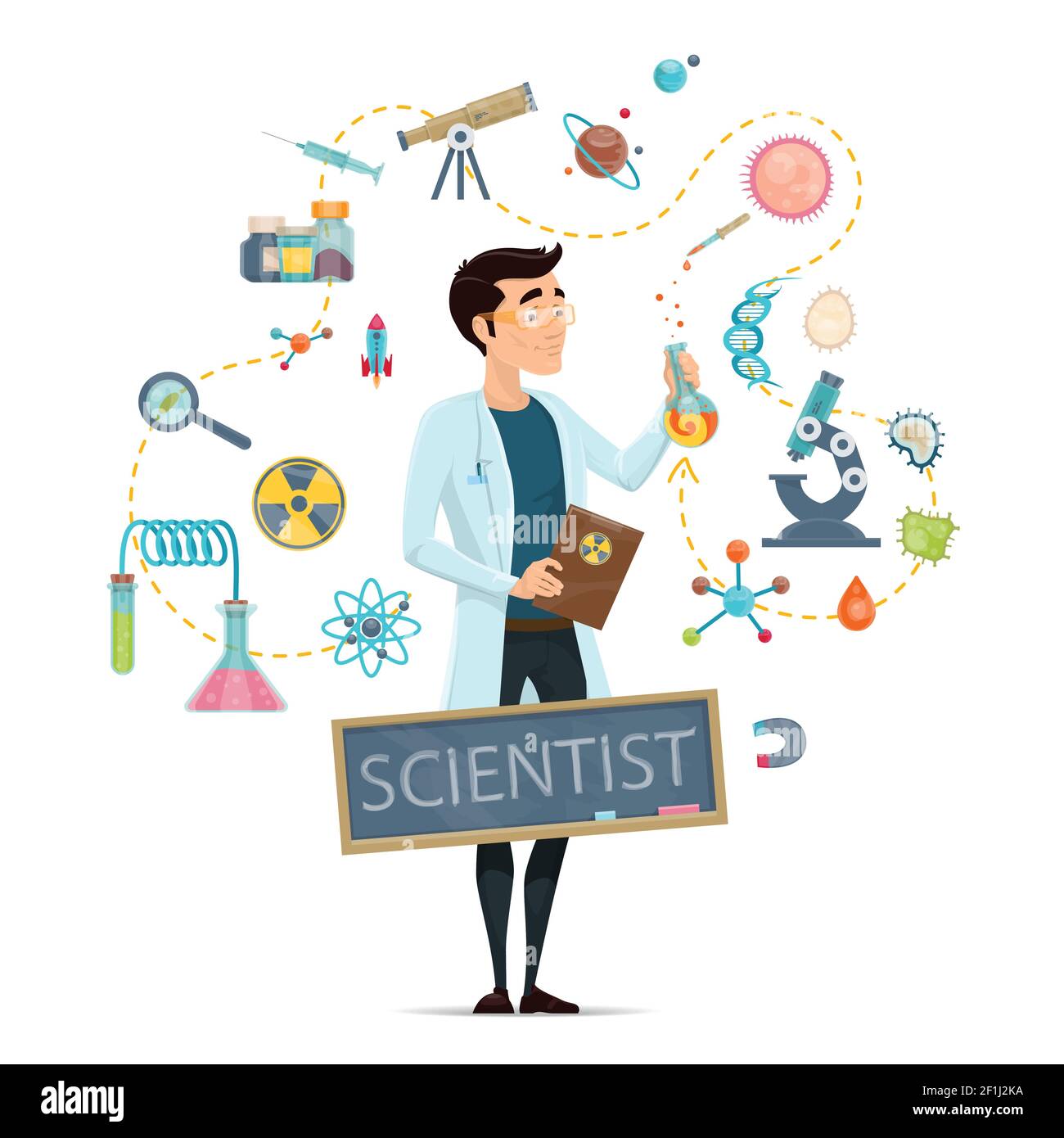 Science round template with scientist different equipment tools and ...