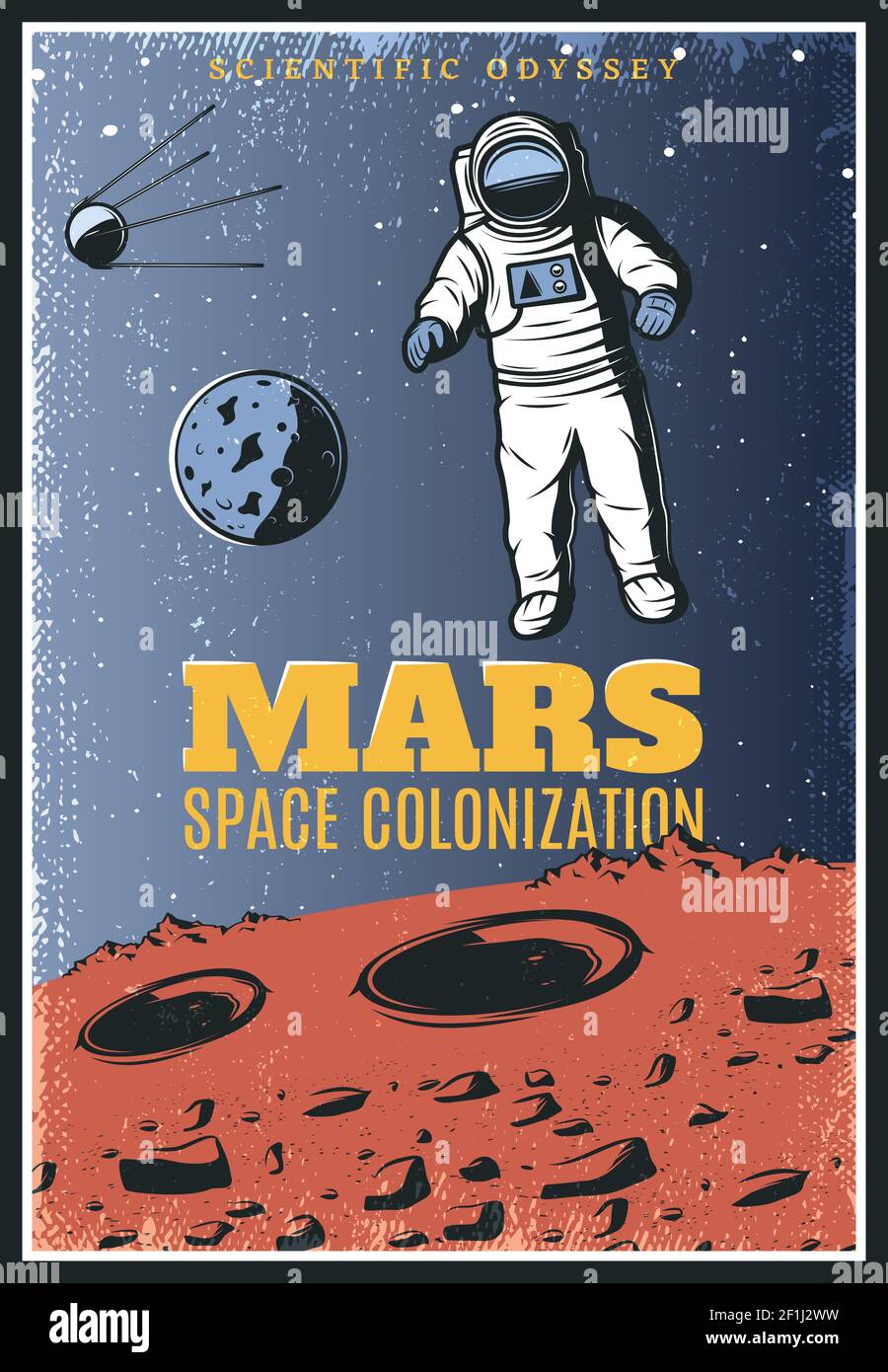Colored vintage Mars exploration poster with cosmonaut in outer space ...