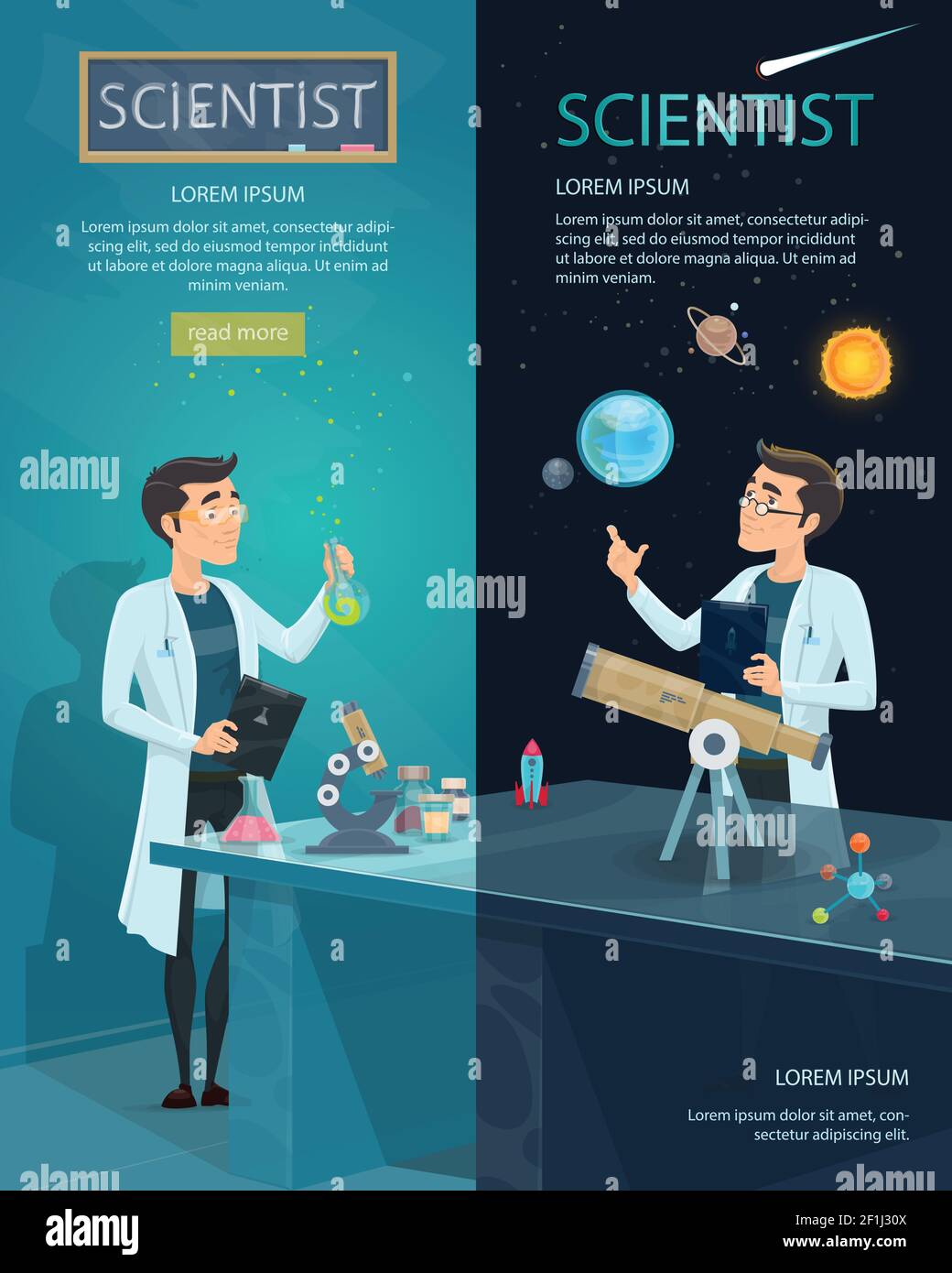 Scientific vertical banners with scientist in laboratory and astronomer ...