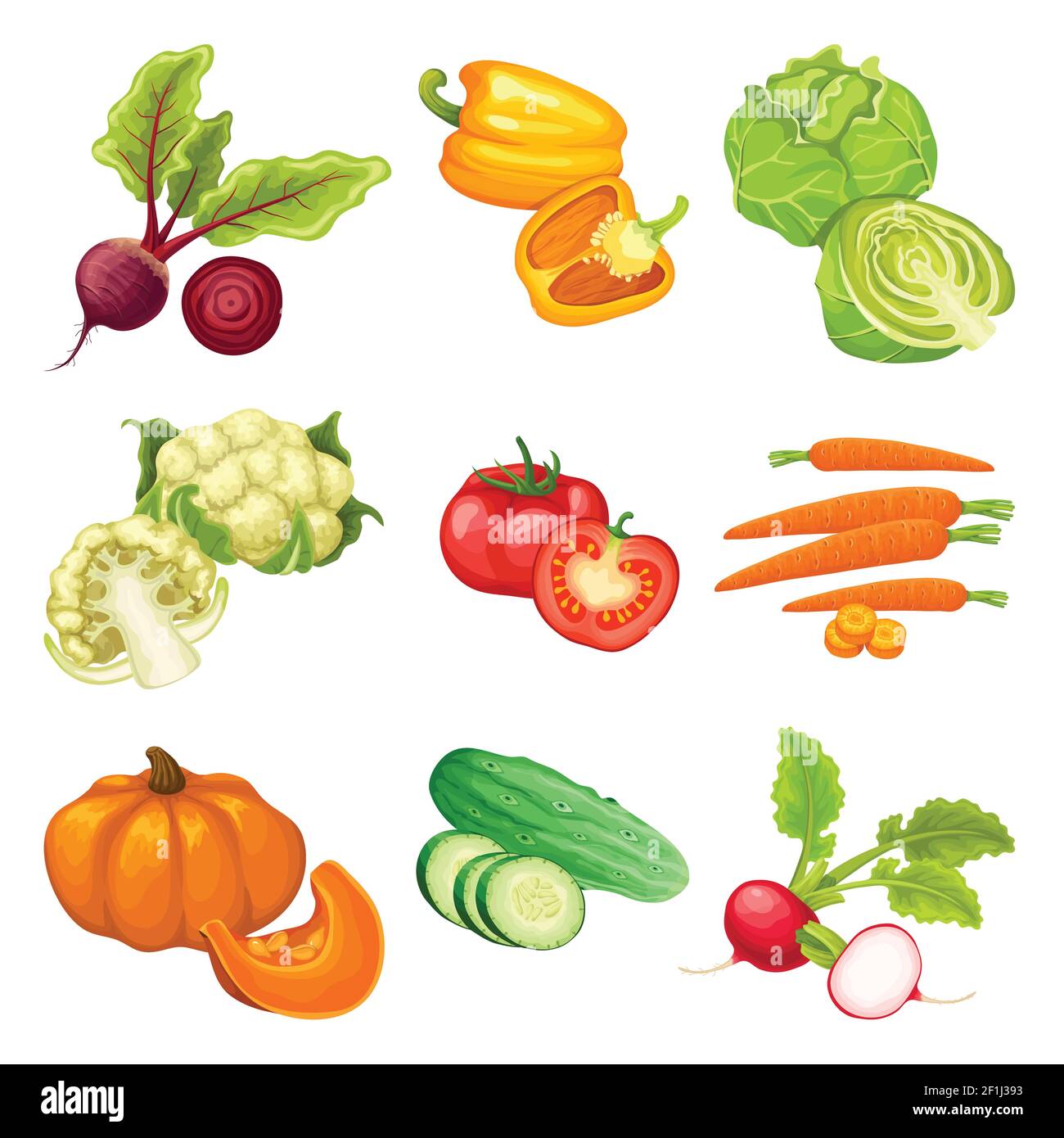 Cartoon organic vegetables set with beet pepper cabbage cauliflower ...