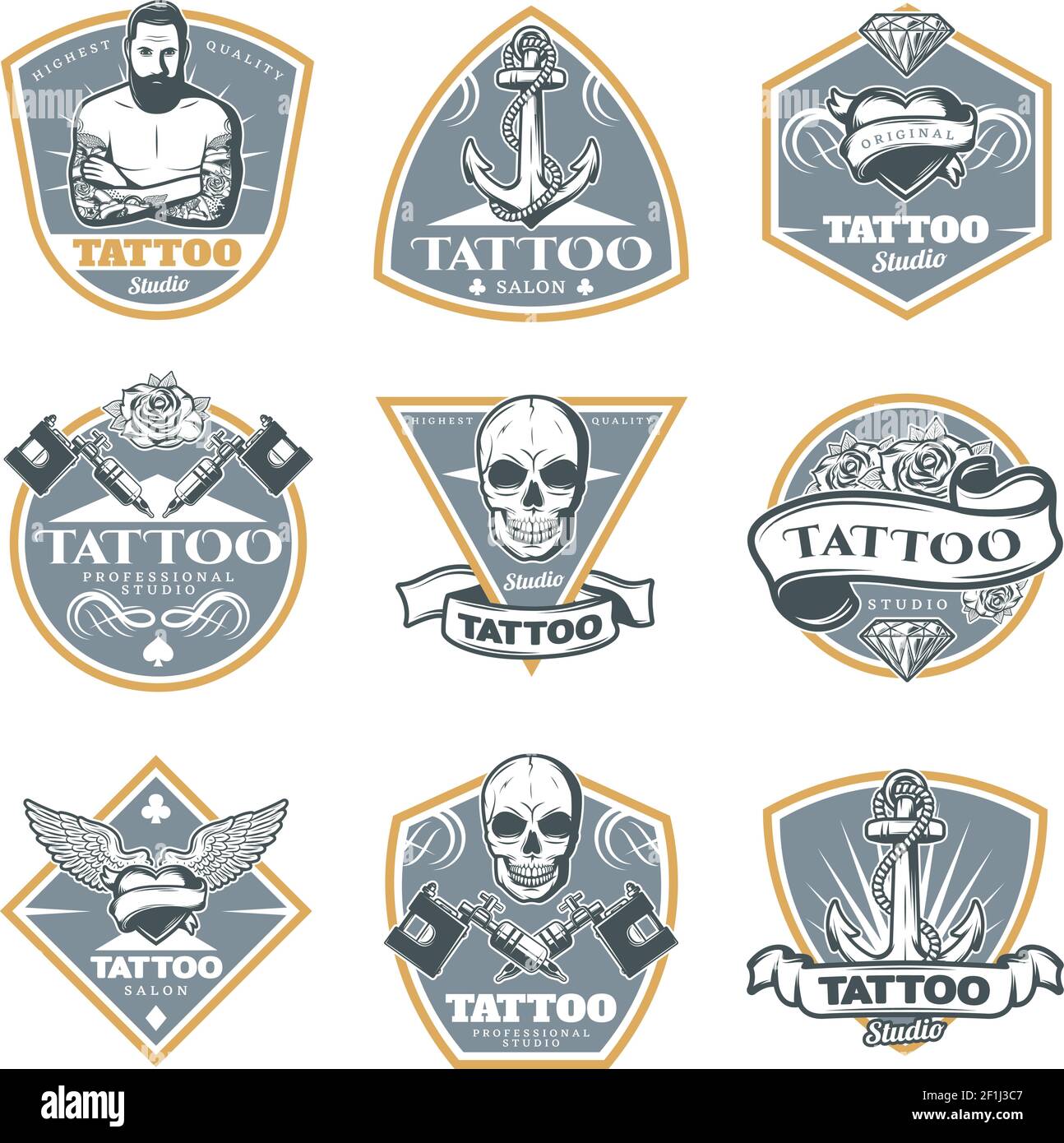 Colored tattoo studio labels set with equipment master and art elements ...