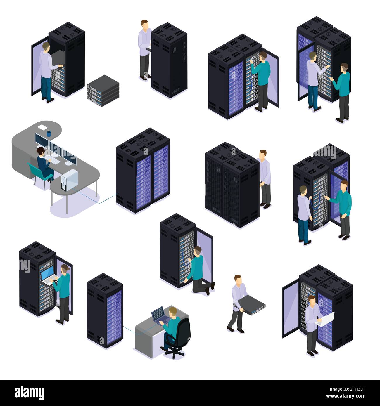 People in data center isometric set with hosting servers cloud technology repair service ...