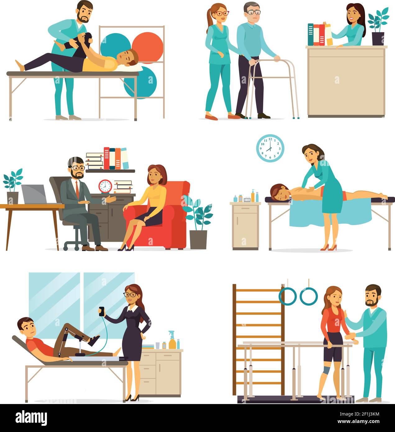 Rehabilitation and therapy set with people doing different ...