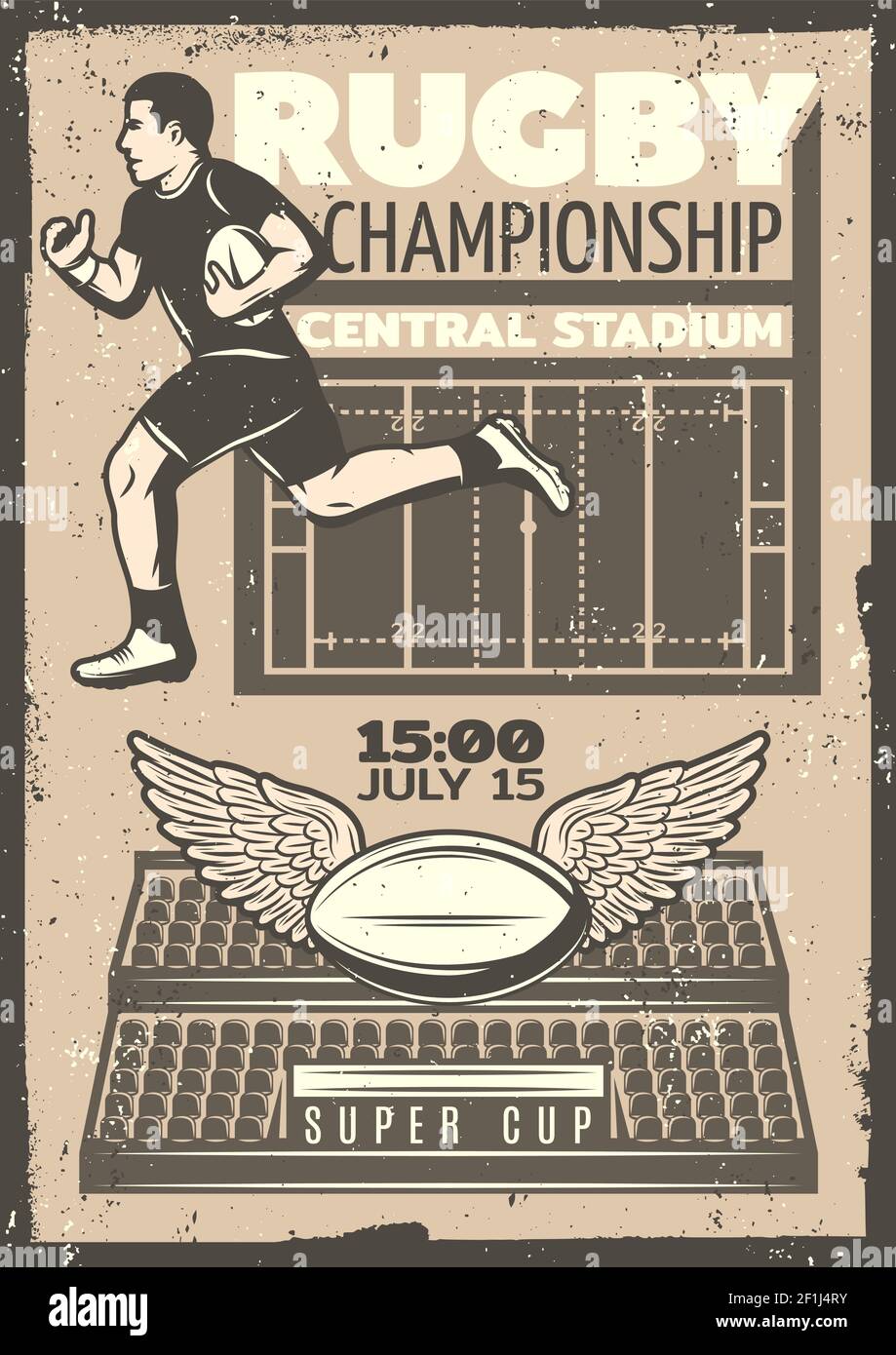Vintage rugby competition poster with running player ball wings field ...