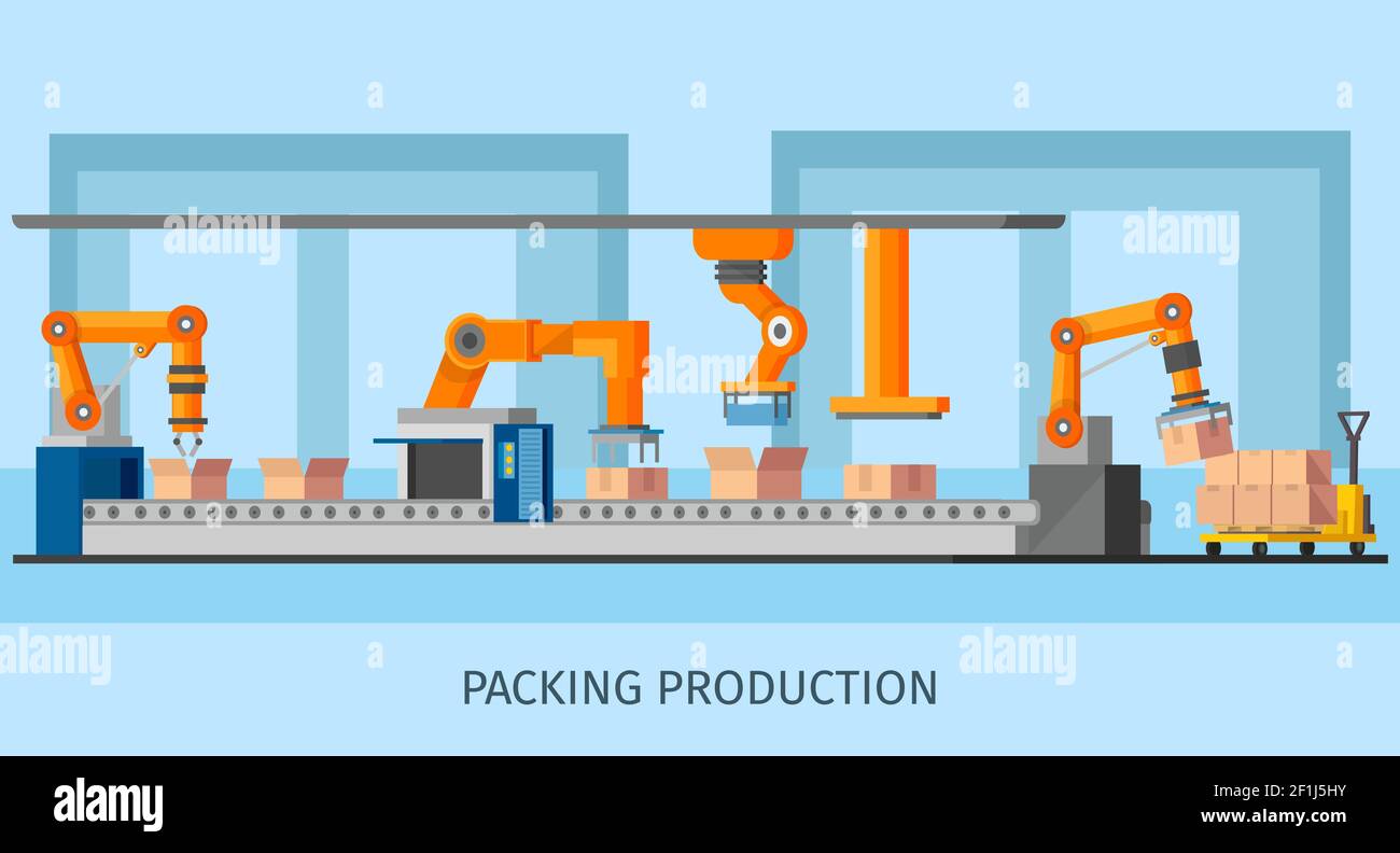 Industrial packing system process template with robotic arms and ...