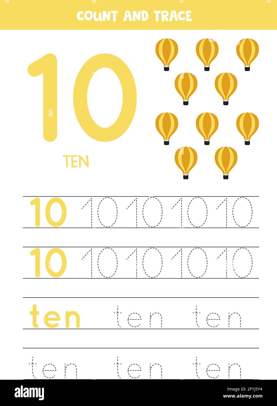 Tracing number 10 and the word ten. Handwriting practice for kids with ...