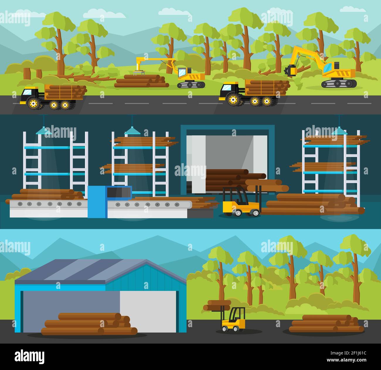 Timber production horizontal banners with industrial vehicles and ...