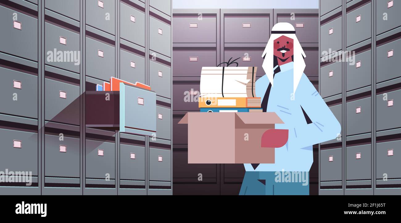arab businessman holding cardboard box with documents in filing wall ...