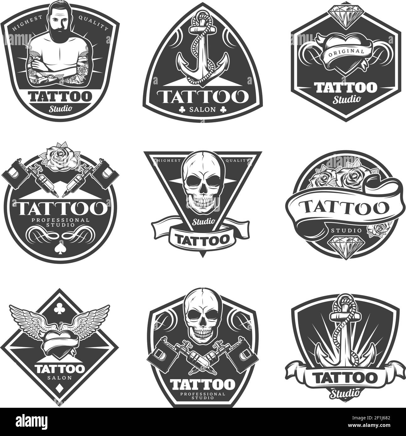 Monochrome tattoo salon labels set with master machine and different ...