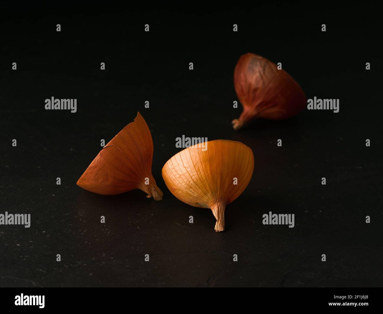 Parts of dry onion husk. Art composition close-up view. Low key, dark ...