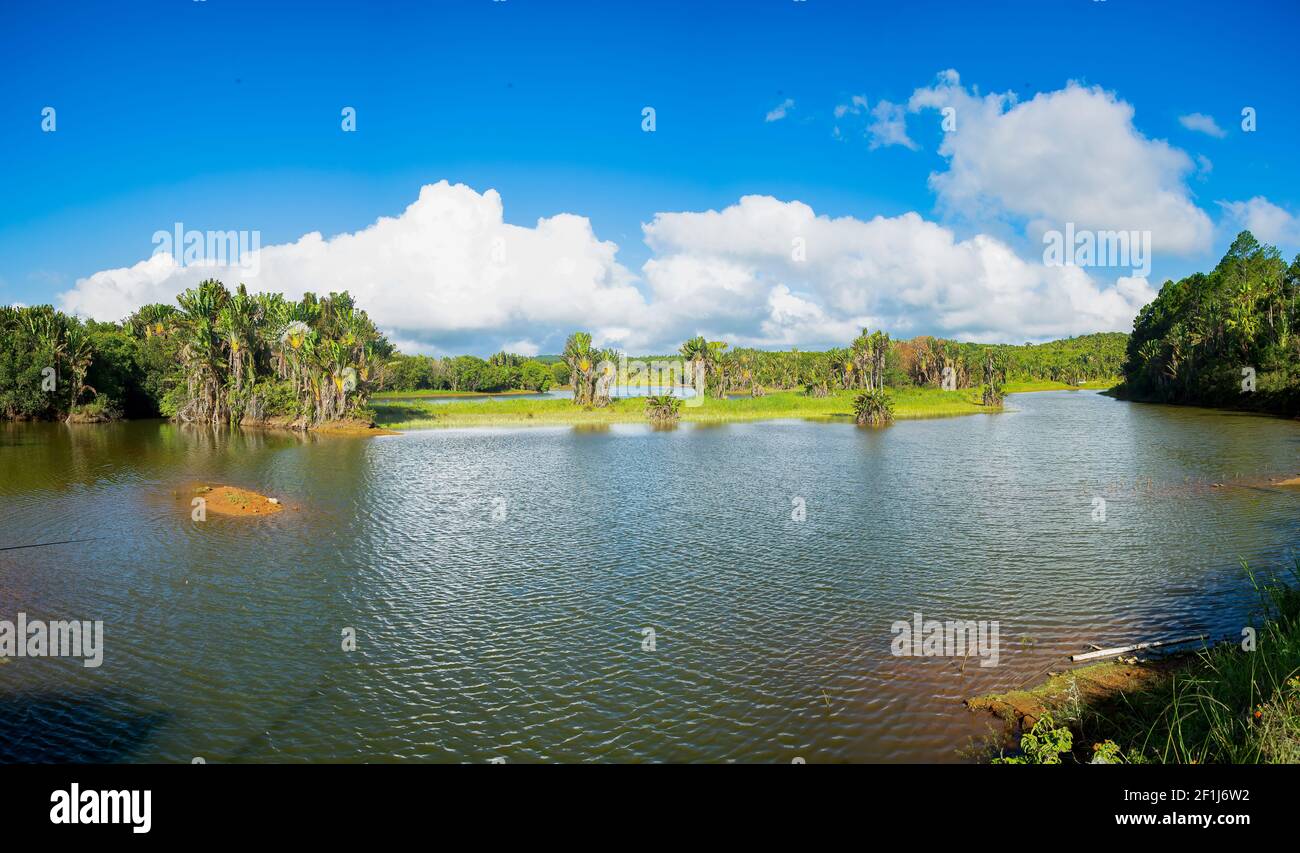 landscape with lake and blue sky near tamarind fall, Mauritius Stock ...
