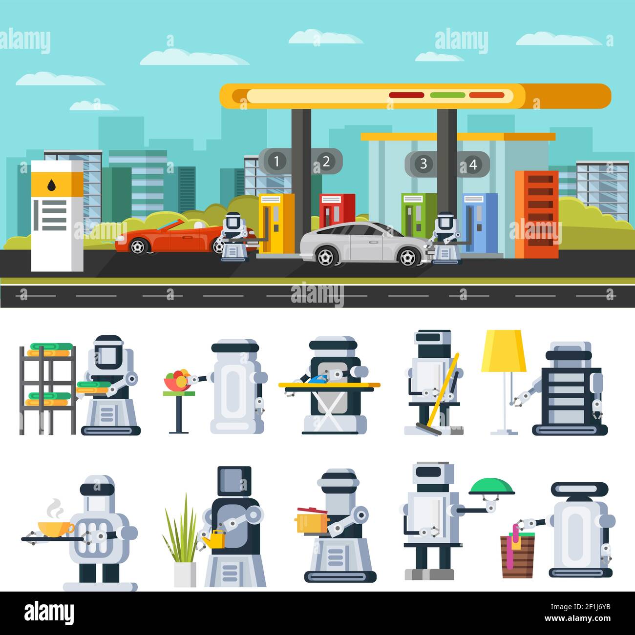 Artificial intelligence concept with robots refuelling cars at gas ...