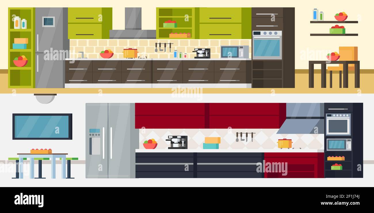 Modern kitchen horizontal banners with furniture appliances and ...