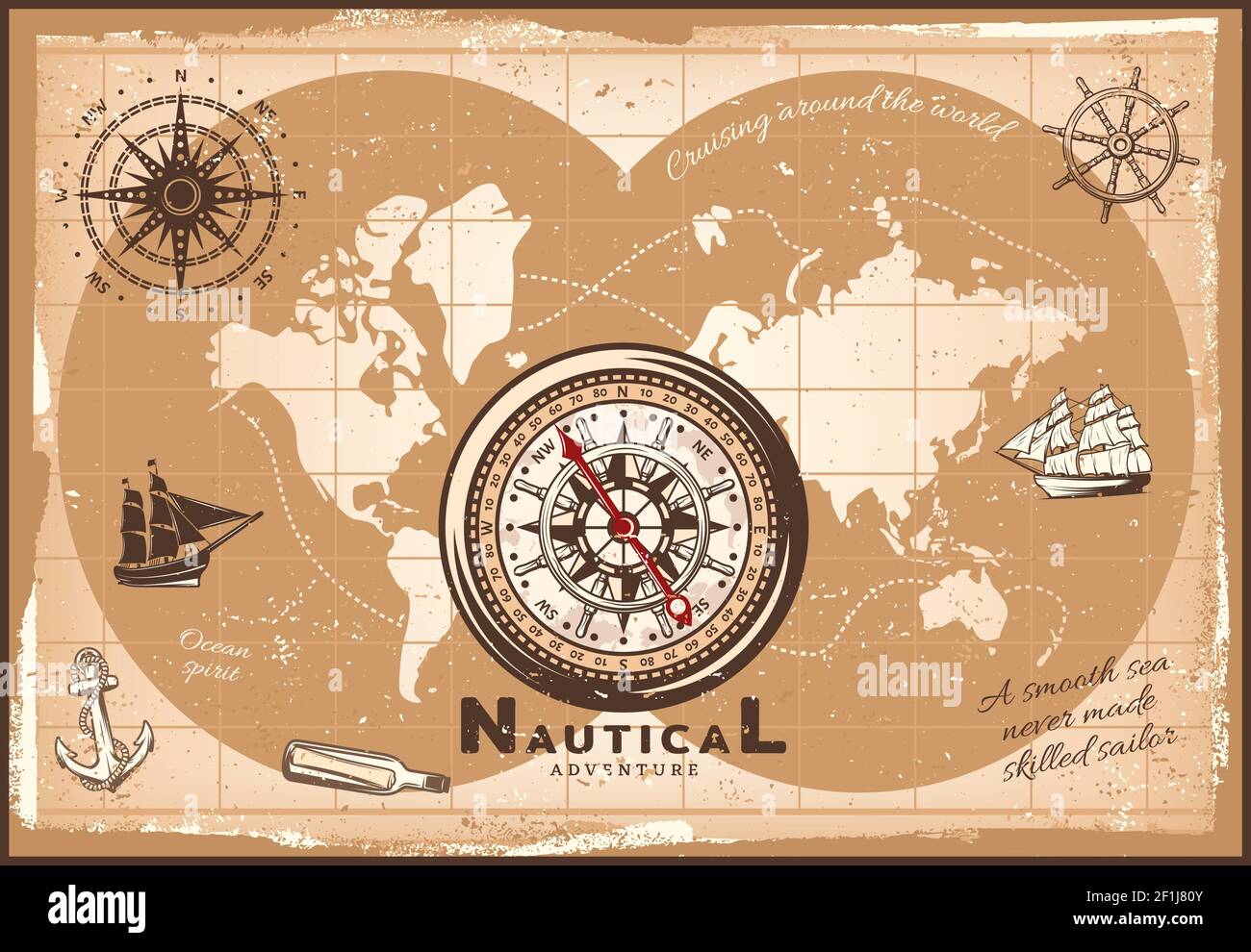 Vintage nautical world map template with compass bottle anchor steering wheel and ships vector ...