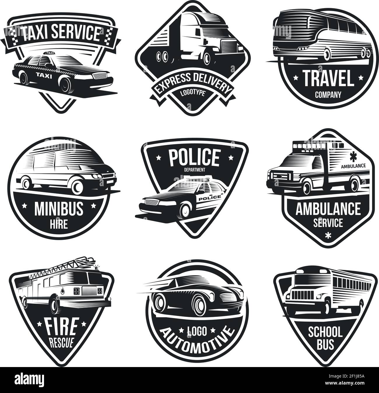 Public and emergency transport logos set with retro style captions and ...