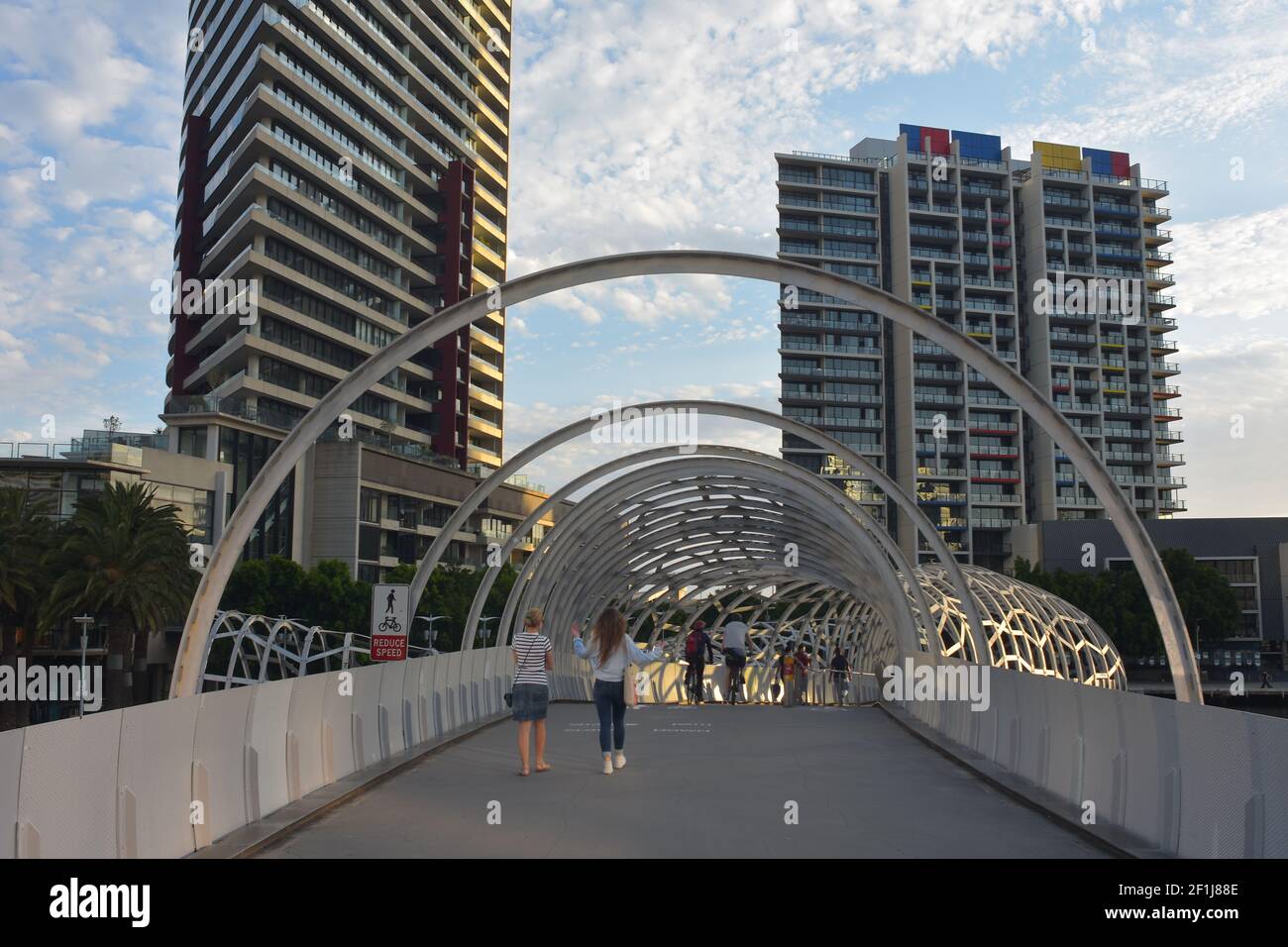 Bridge with path for pedestrians and cyclists with artistic metal arch ...