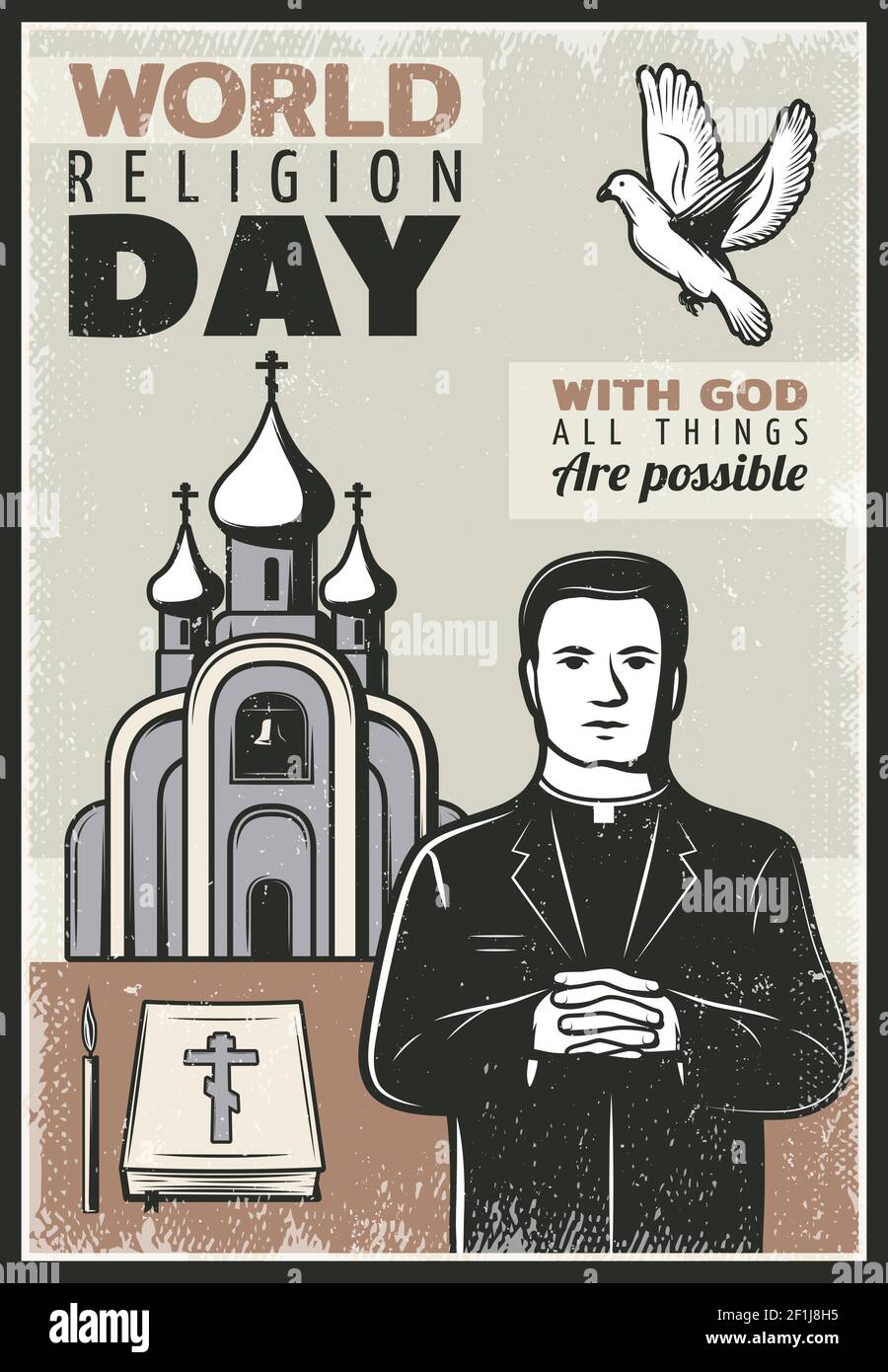 Vintage religious poster with text priest church flying dove bible book ...